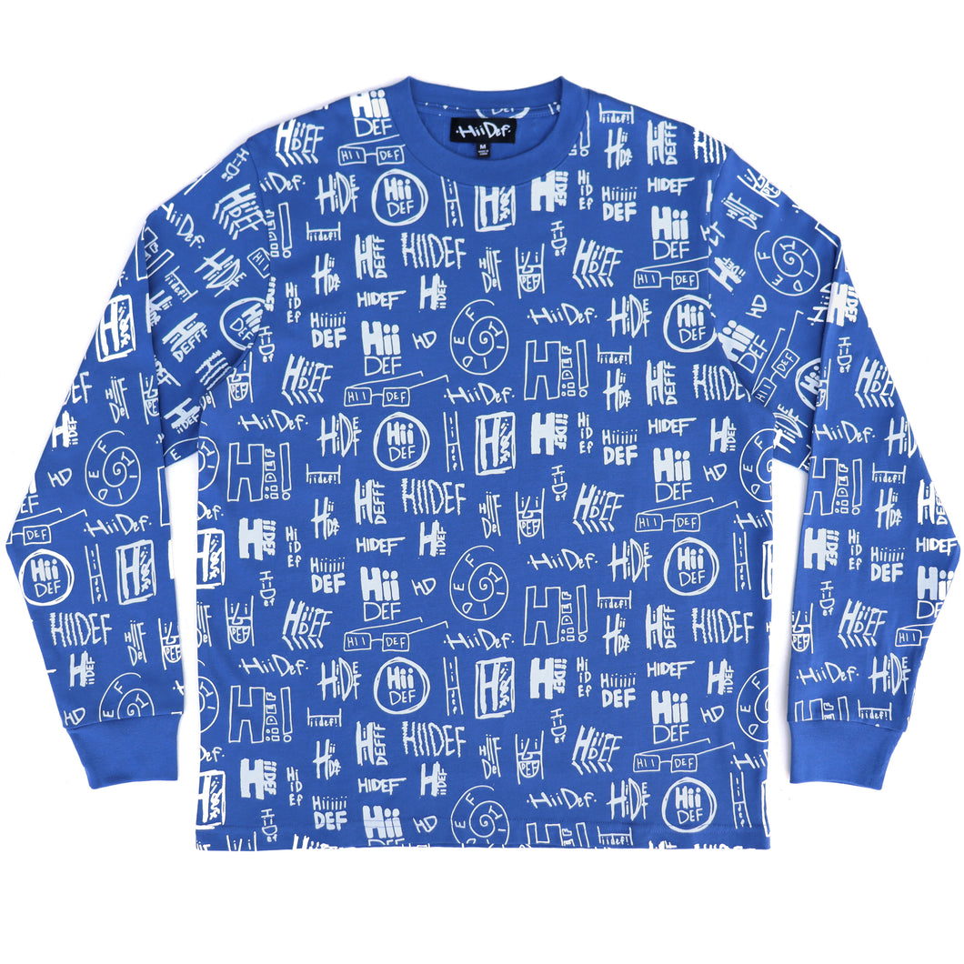 Blue Multi Logo Print Long Sleeve Crew – hii-def